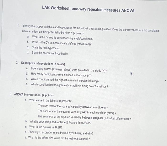 Solved LAB Worksheet: one-way repeated measures ANOVA 1. | Chegg.com