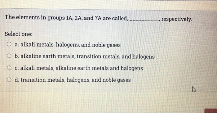 Solved The elements in groups 1A, 2A, and 7A are called, -_, | Chegg.com