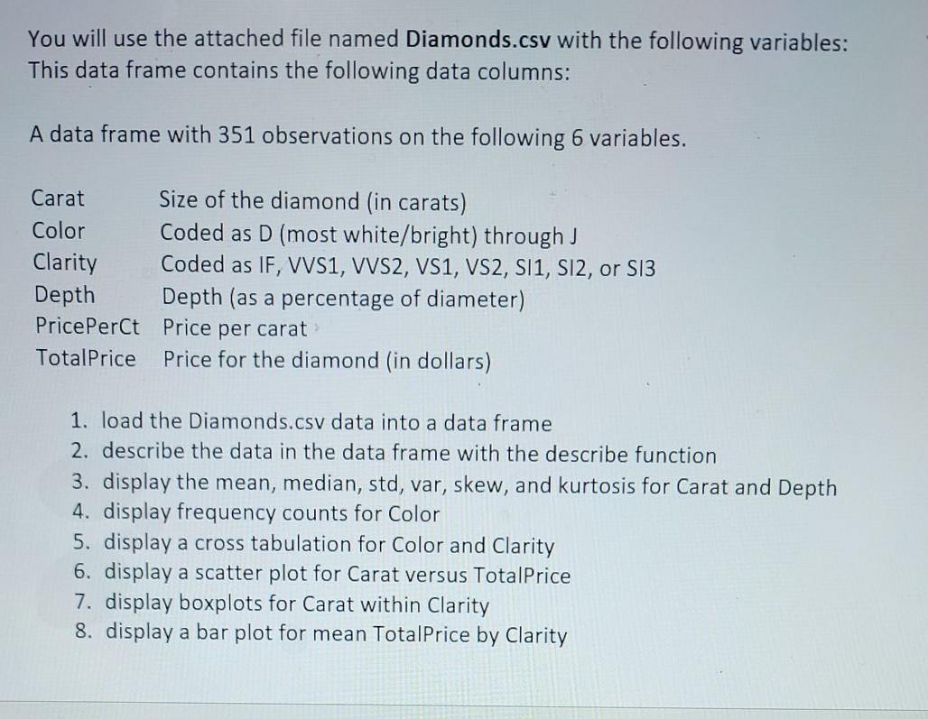 Solved You will use the attached file named Diamonds.csv | Chegg.com