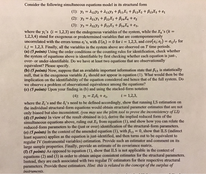 Consider the following simultaneous equations model | Chegg.com