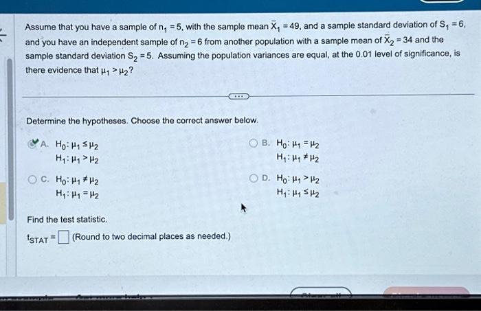 Solved Assume that you have a sample of n1=5, with the | Chegg.com