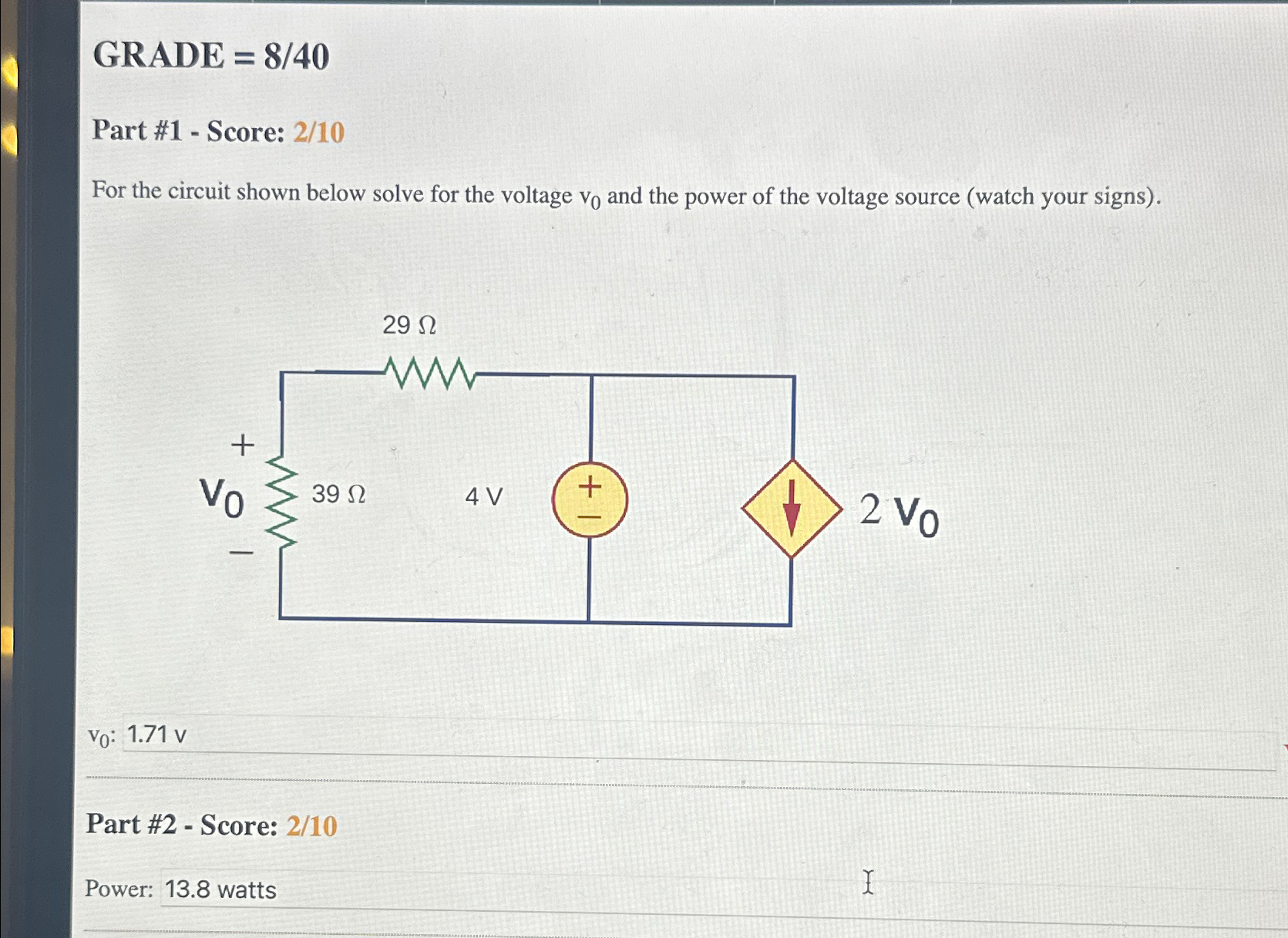 Solved GRADE =840Part #1 - ﻿Score: 2/10For the circuit shown | Chegg.com