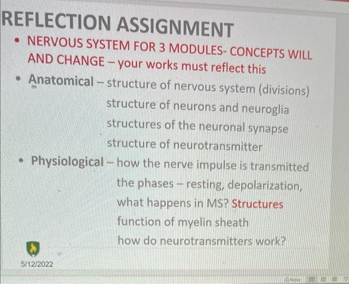 Solved REFLECTION ASSIGNMENT • NERVOUS SYSTEM FOR 3 MODULES- | Chegg.com