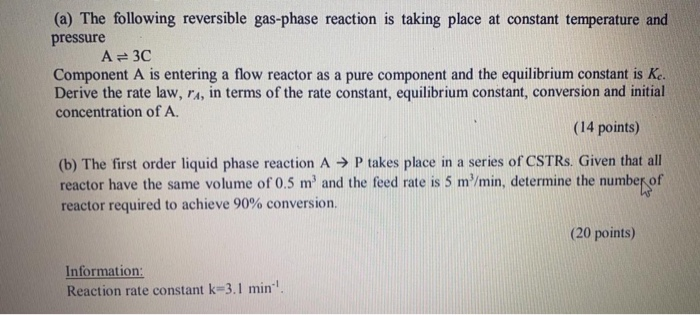 Solved (a) The following reversible gas-phase reaction is | Chegg.com