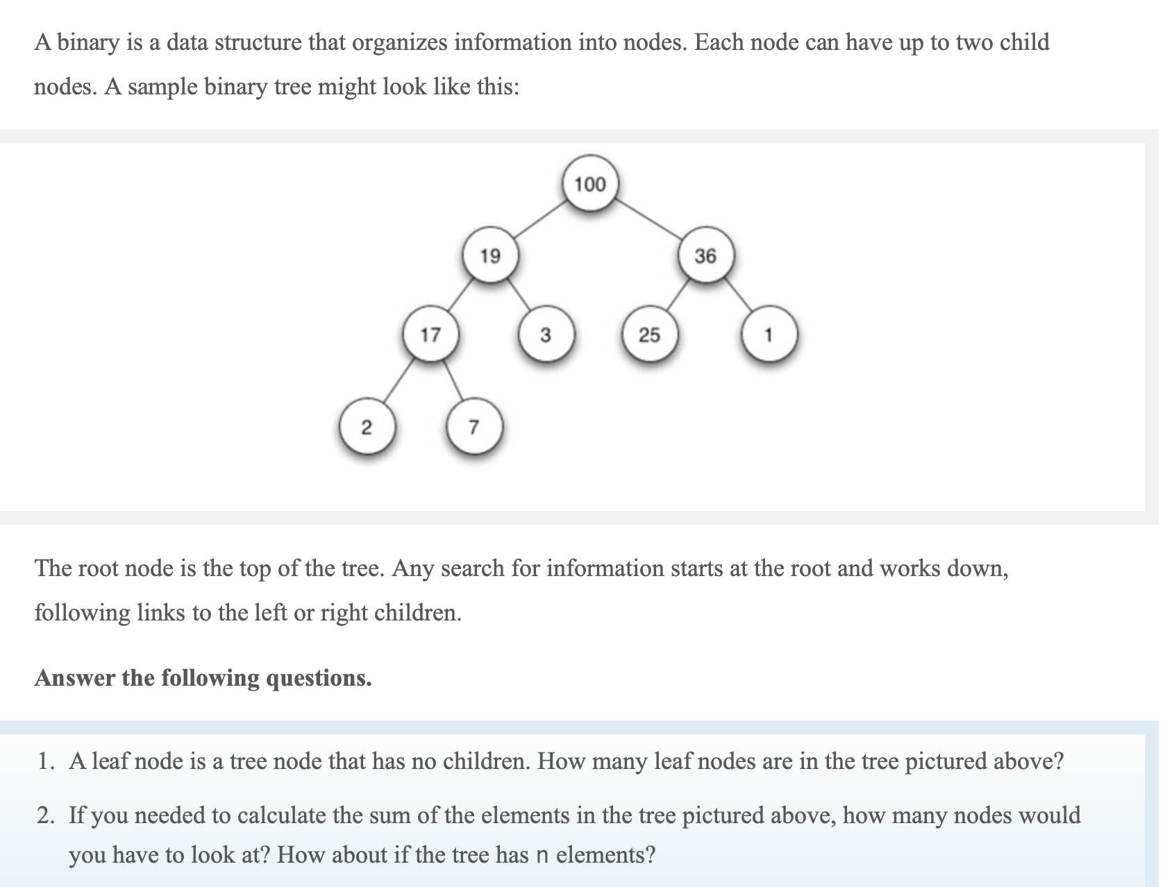 Solved A binary is a data structure that organizes | Chegg.com