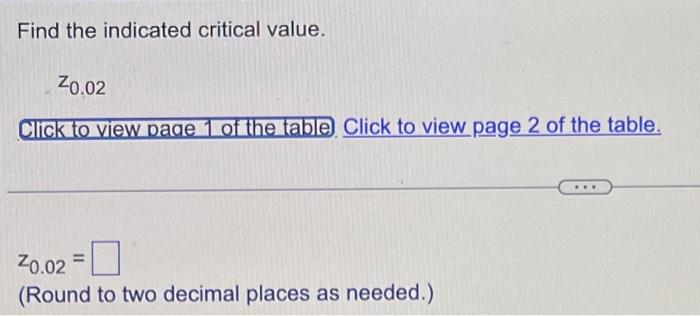 Solved Find the indicated critical value. Z0.02 Click to | Chegg.com