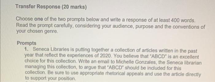 Transfer Response (20 marks) Choose one of the two | Chegg.com