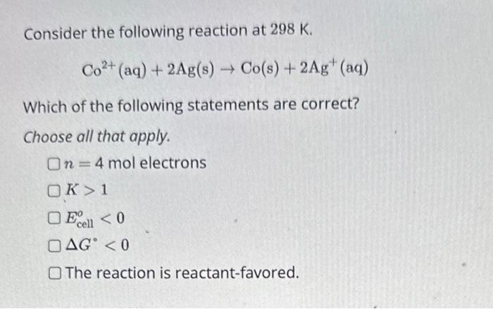 Solved Consider the following reaction at 298 K. | Chegg.com