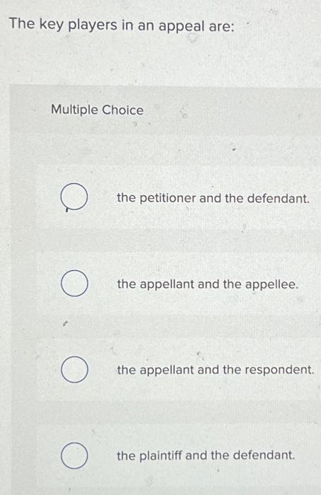 Solved The key players in an appeal are: Multiple Choice the | Chegg.com