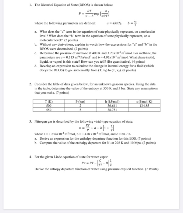 Solved 1. The Dieterici Equation of State (DEOS) is shown | Chegg.com