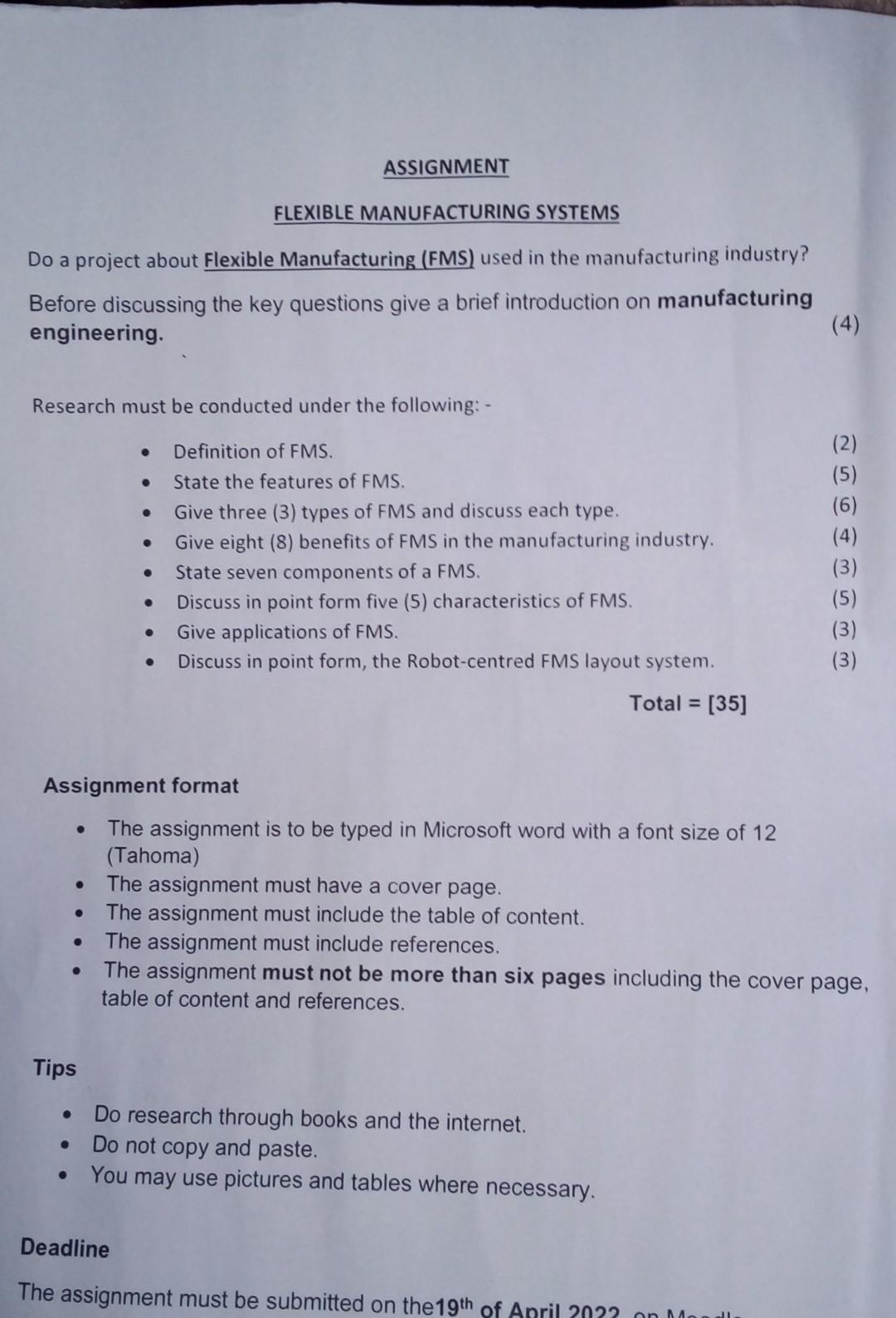 Solved ASSIGNMENT FLEXIBLE MANUFACTURING SYSTEMS Do a | Chegg.com