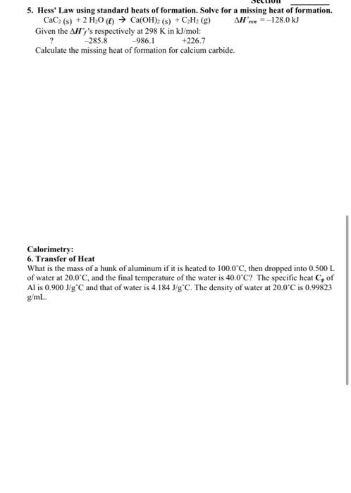 Solved 5. Hess' Law using standard heats of formation. Solve | Chegg.com