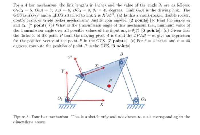 Solved For a 4 bar mechanism, the link lengths in inches and | Chegg.com