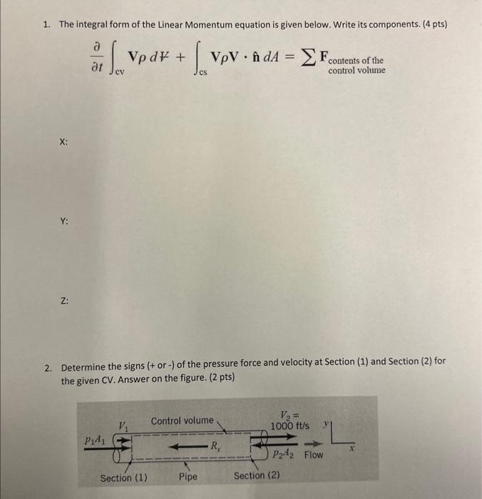 Solved 1. The integral form of the Linear Momentum equation | Chegg.com