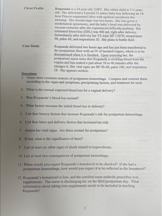 Solved Client Profile Roquanda is a 24-year-old, G4P3. Her | Chegg.com