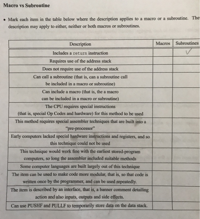 Solved Macro Vs Subroutine • Mark Each Item In The Table 3637