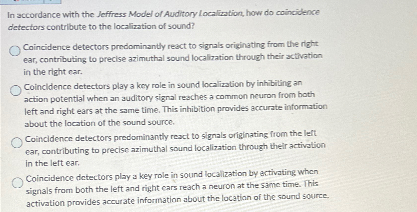 Solved In accordance with the Jeffress Model of Auditory | Chegg.com