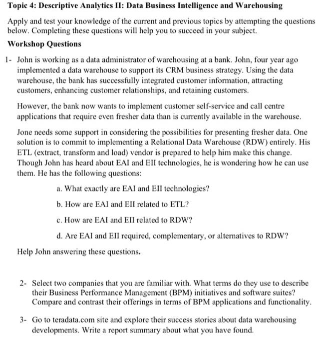 Solved Topic 4: Descriptive Analytics II: Data Business | Chegg.com