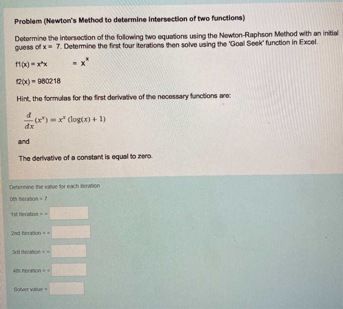 Solved Problem (Newton's Method to determine intersection of | Chegg.com