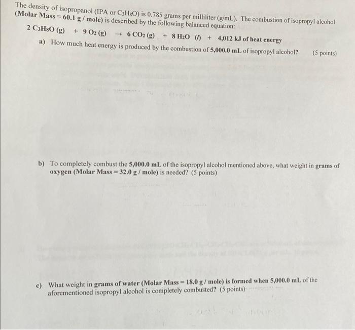 Solved The density of isopropanol (IPA or C3H30) is 0.785 | Chegg.com