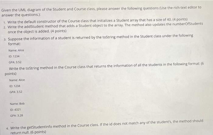 Solved Student name: String - id: String - gpa: double + | Chegg.com