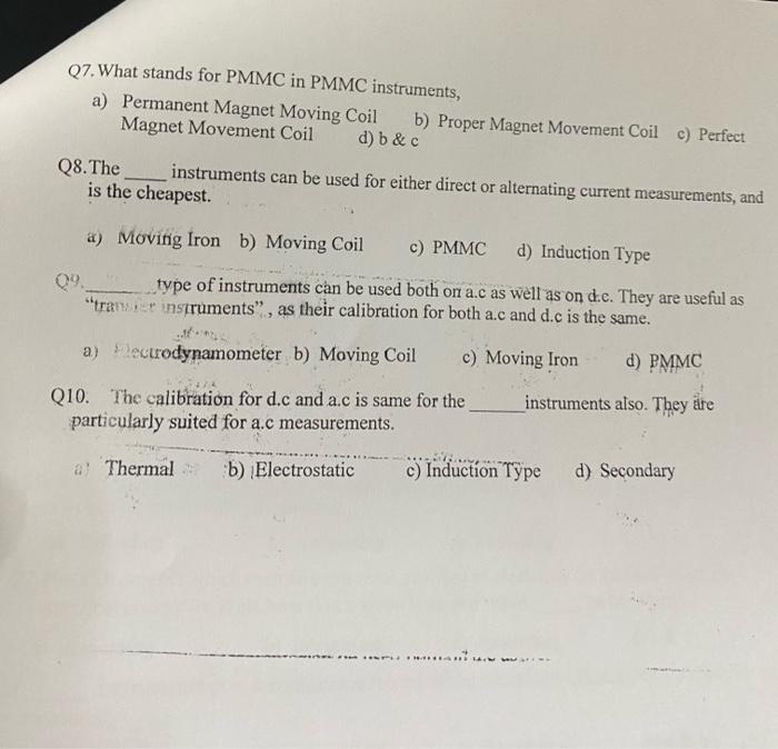 Q7. What stands for PMMC in PMMC instruments, a) | Chegg.com