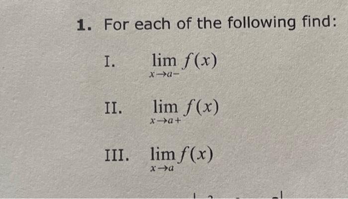 Solved 1. For each of the following find: I. \\( \\lim _{x | Chegg.com