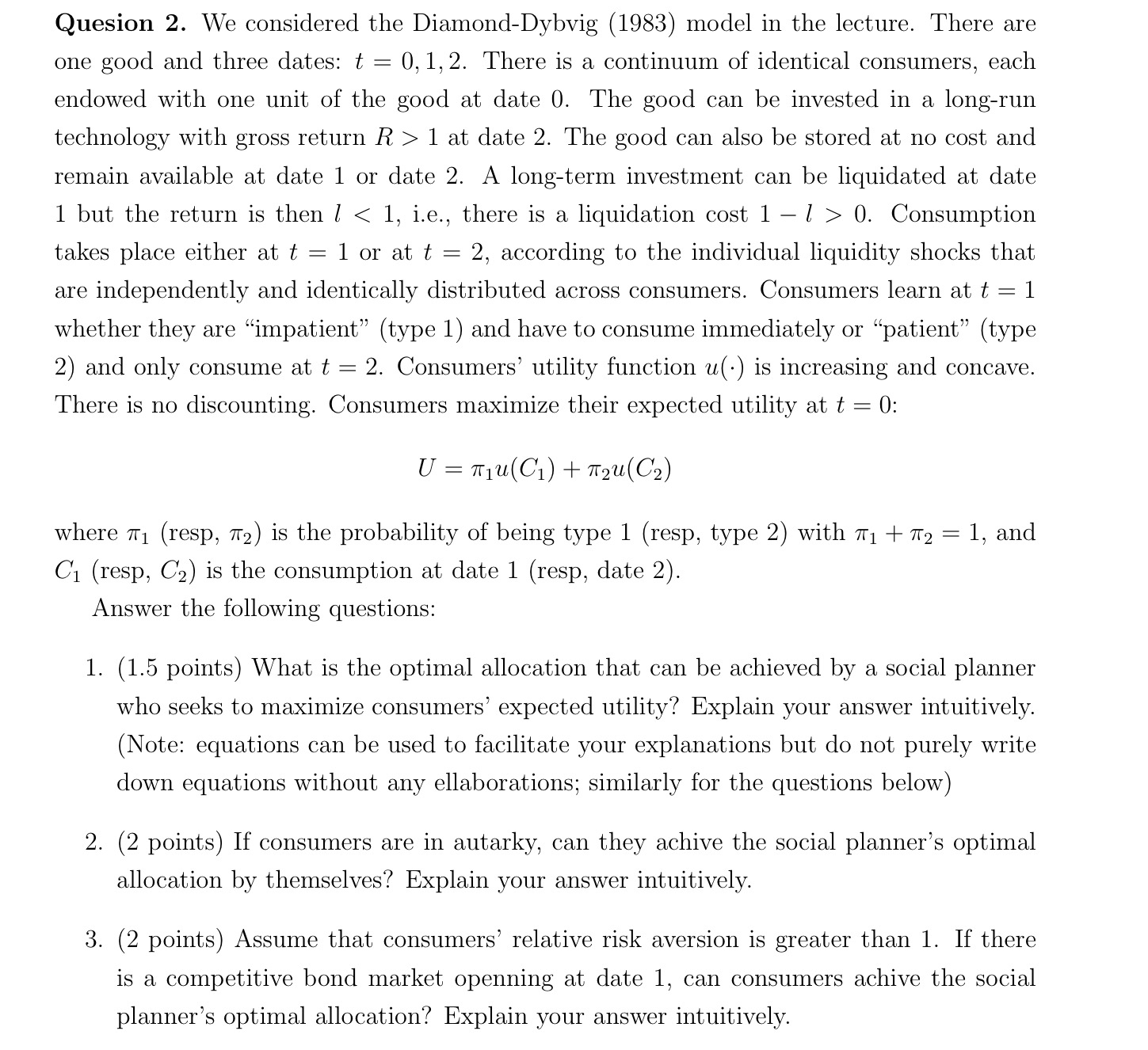 Solved Quesion 2. ﻿We considered the Diamond-Dybvig (1983) | Chegg.com
