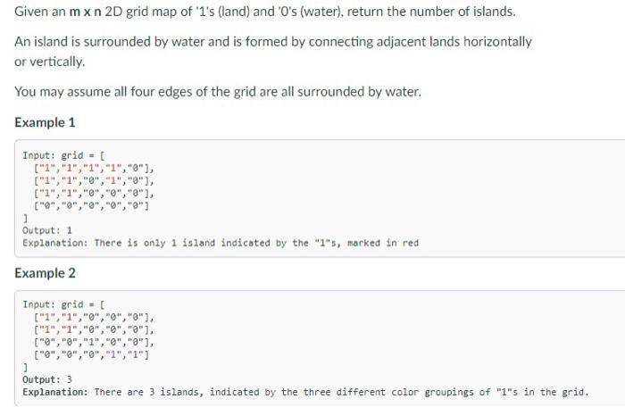 Solved Given an mxn 2D grid map of '1's (land) and 'O's | Chegg.com