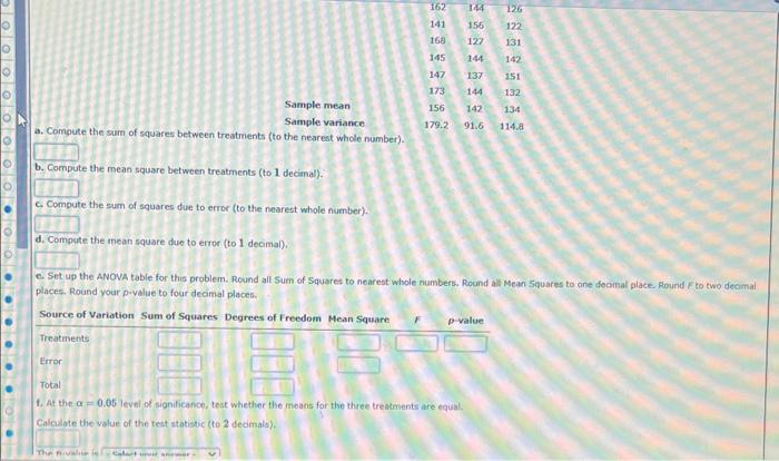Solved e. Set up the ANovA table for this problem. Round all | Chegg.com