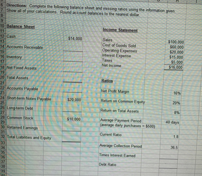 Solved 6 Directions: Complete the following balance sheet | Chegg.com
