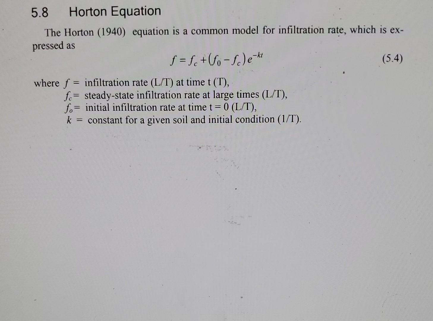 Solved Assuming that the Horton infiltration Equation 5.4 is | Chegg.com