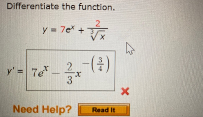 Solved Differentiate the function. y = 7ex + Y' = 7et_ | Chegg.com Solved Differentiate the function. y = 7ex + Y' = 7et_ | Chegg.com