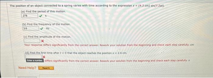 Solved he position of an object connected to a spring varies | Chegg.com