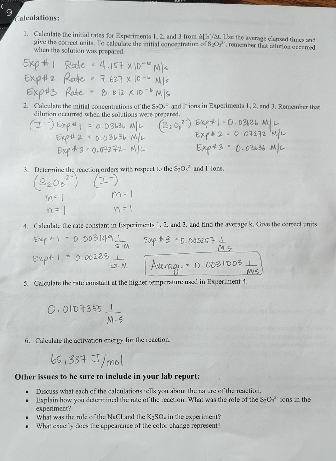 Solved 1. Calculate the initial rates for Experiments 1, 2, | Chegg.com