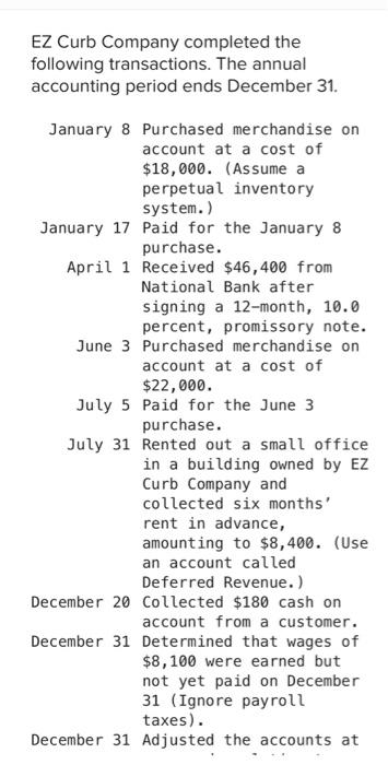 Solved EZ Curb Company completed the following transactions. | Chegg.com
