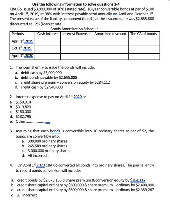 Solved Use the following information to solve questions 1-4 | Chegg.com