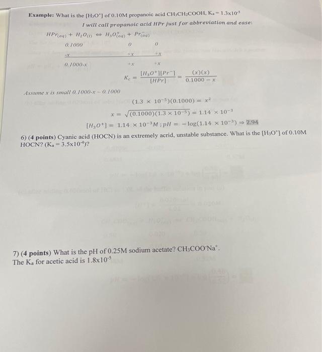 Solved Example: What is the [H3O+]of 0.10M propanoic acid | Chegg.com