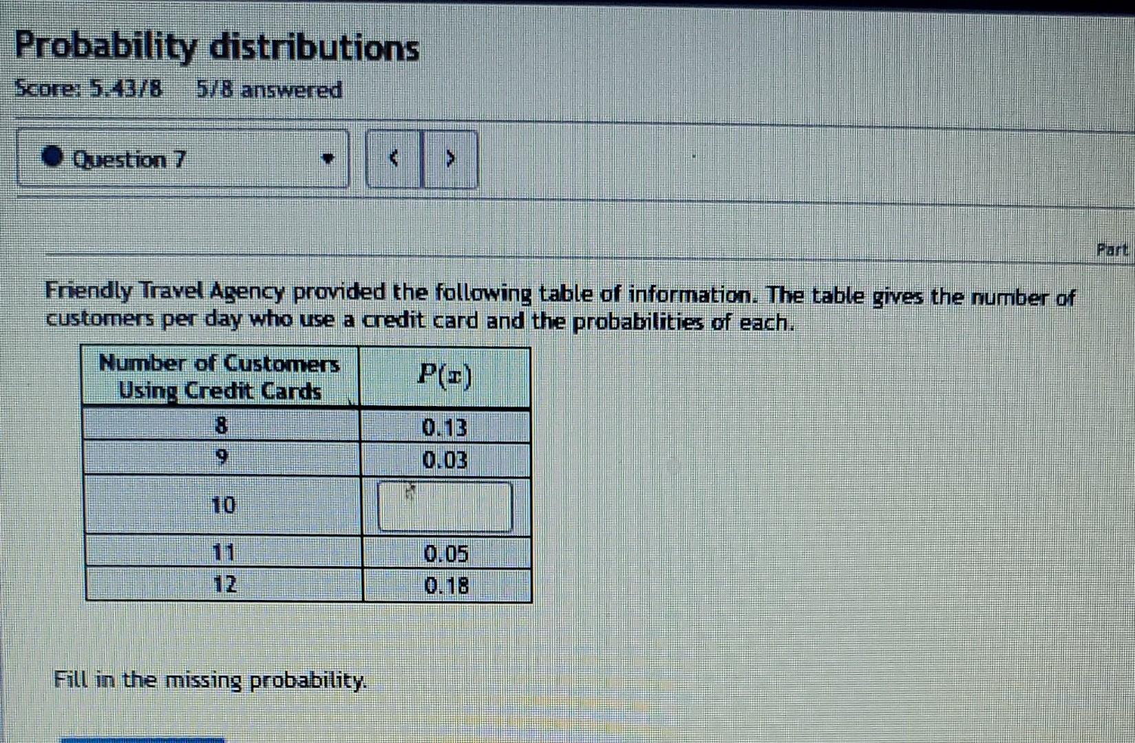 Solved Probability distributions Score: 5.43/85/8 answered | Chegg.com