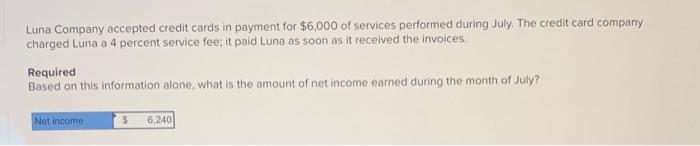 Solved Luna Company accepted credit cards in payment for | Chegg.com