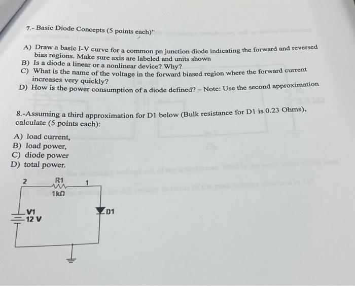 Solved 7.- Basic Diode Concepts ( 5 points each)" A) Draw a | Chegg.com