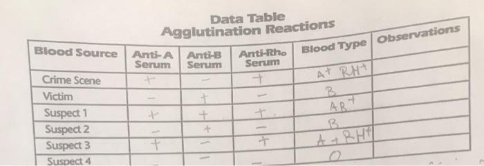 Solved Data Table Agglutination Reactions Blood Type | Chegg.com