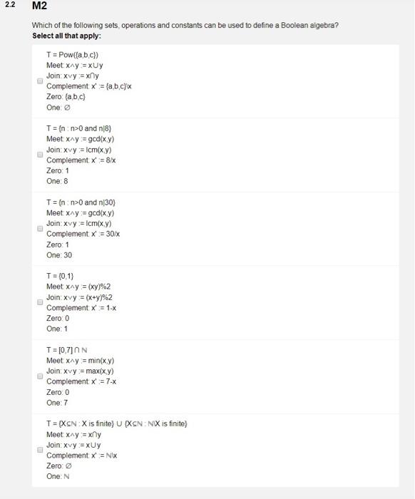 Solved M2 Which of the following sets, operations and | Chegg.com