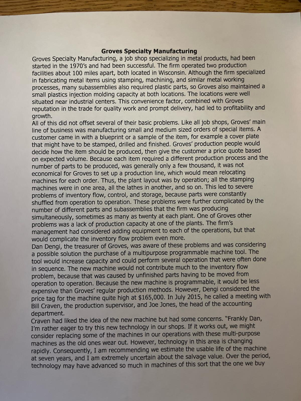 Solved Groves Specialty Manufacturing Groves Specialty | Chegg.com