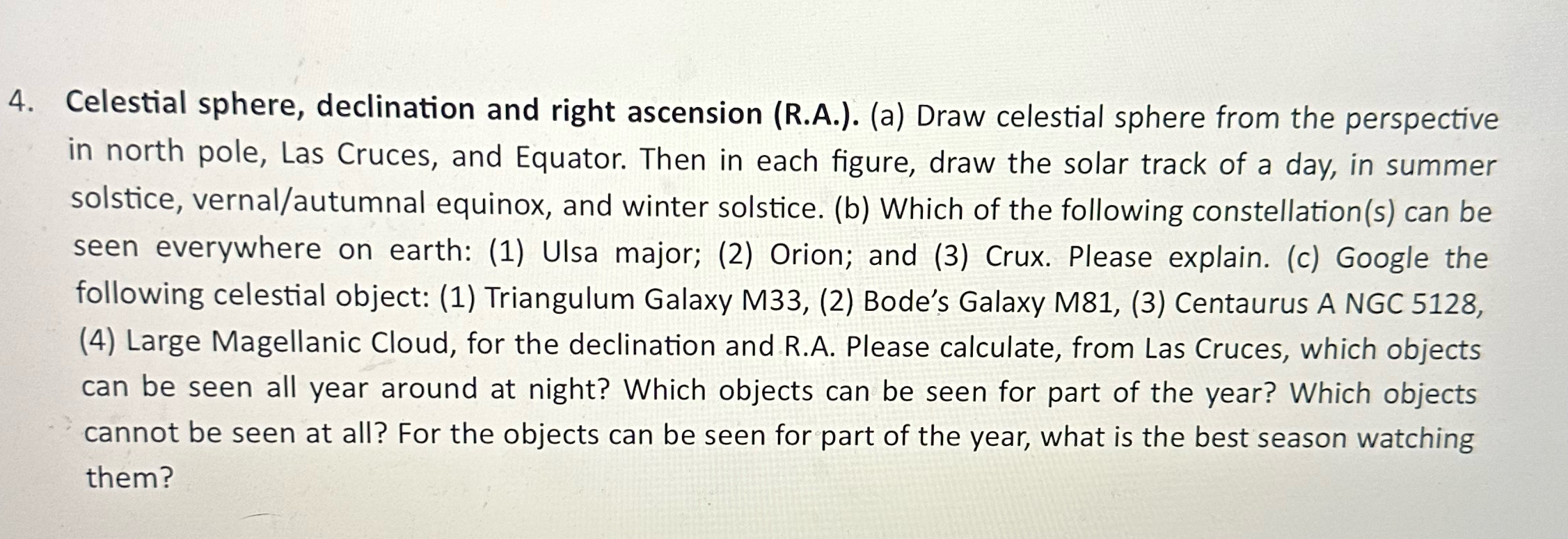 Celestial sphere, declination and right ascension | Chegg.com