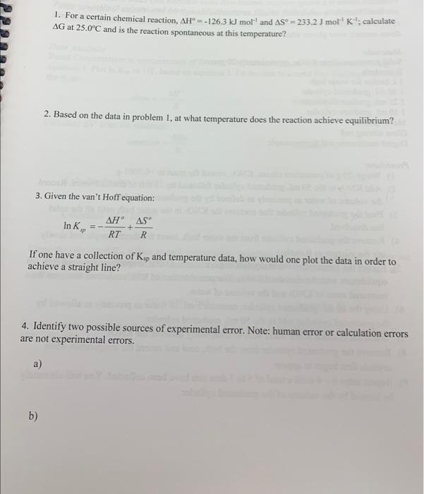 Solved 1. For a certain chemical reaction, ΔH∘=−126.3 kJ | Chegg.com