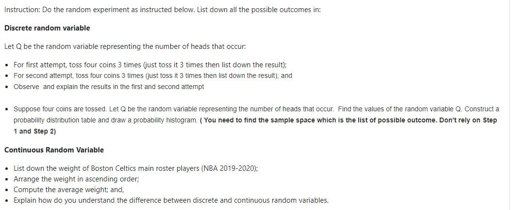 Solved Instruction: Do the random experiment as instructed | Chegg.com