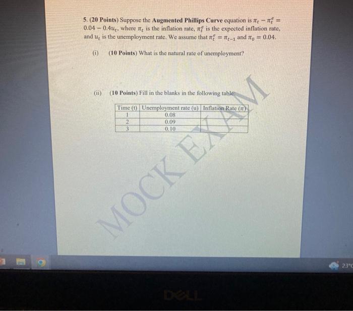 Solved 5. (20 Points) Suppose the Augmented Phillips Curve | Chegg.com