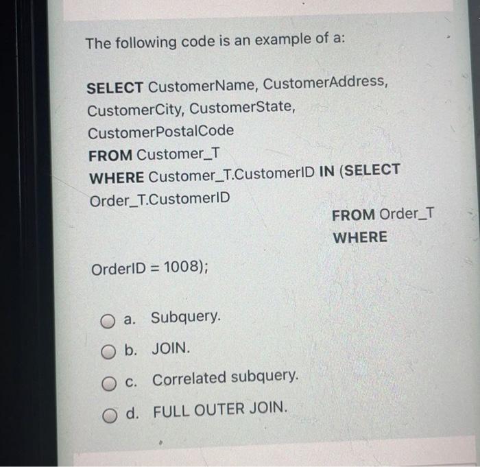 Solved The following code is an example of a: SELECT | Chegg.com