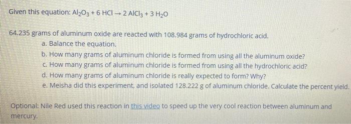 Solved Given this equation: Al2O3+6HCl→2AlCl3+3H2O 64.235 | Chegg.com